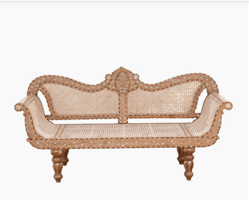 Anglo-Indian Wood Inlay Cane Settee Bench - Cottage Farmhouse Style ...