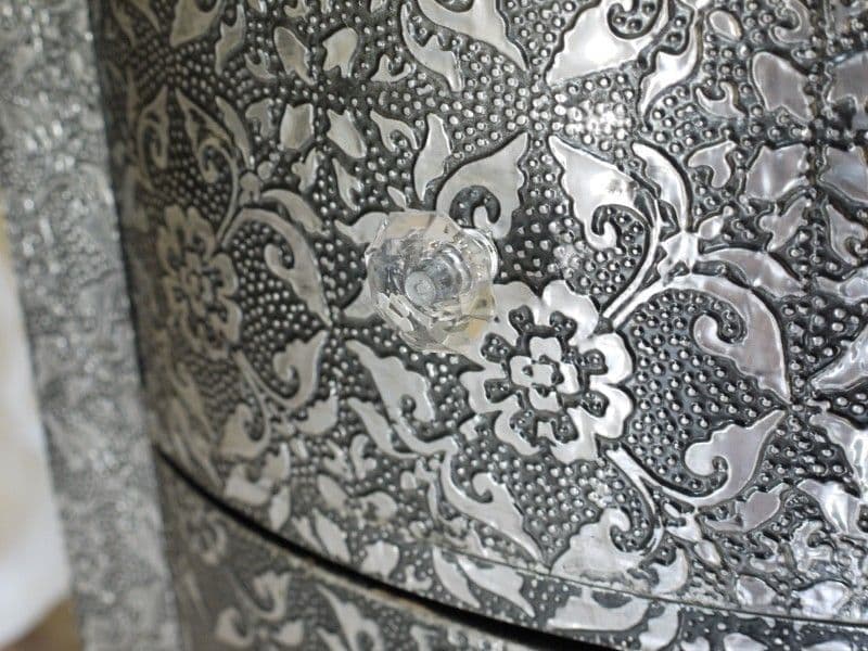 "Embossed Silver Metal Corner Cabinet" – Bone Inlay Furnitures