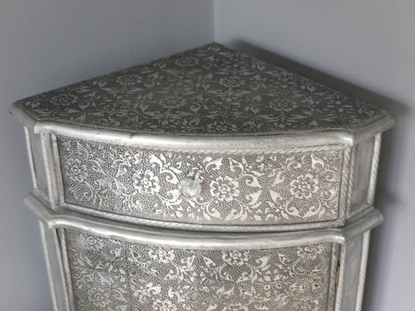 "Embossed Silver Metal Corner Cabinet" – Bone Inlay Furnitures