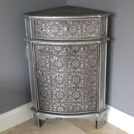 "Embossed Silver Metal Corner Cabinet" – Bone Inlay Furnitures