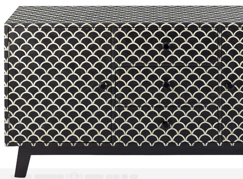 Scalloped Black Bone Inlay Credenza: Three Drawers, Two Doors, Stateme ...