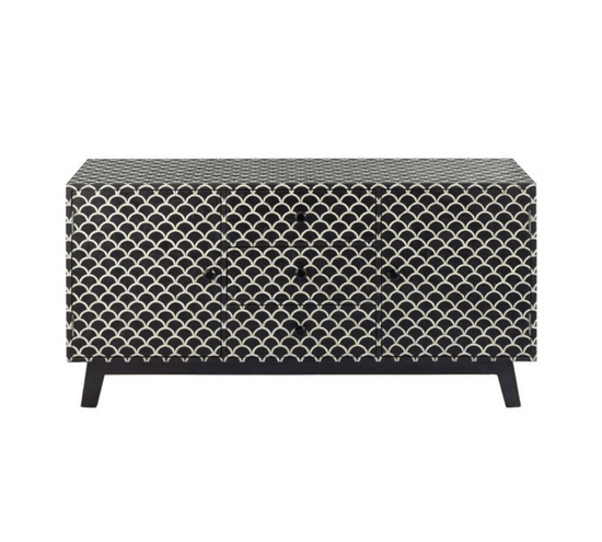 Scalloped Black Bone Inlay Credenza: Three Drawers, Two Doors, Stateme ...