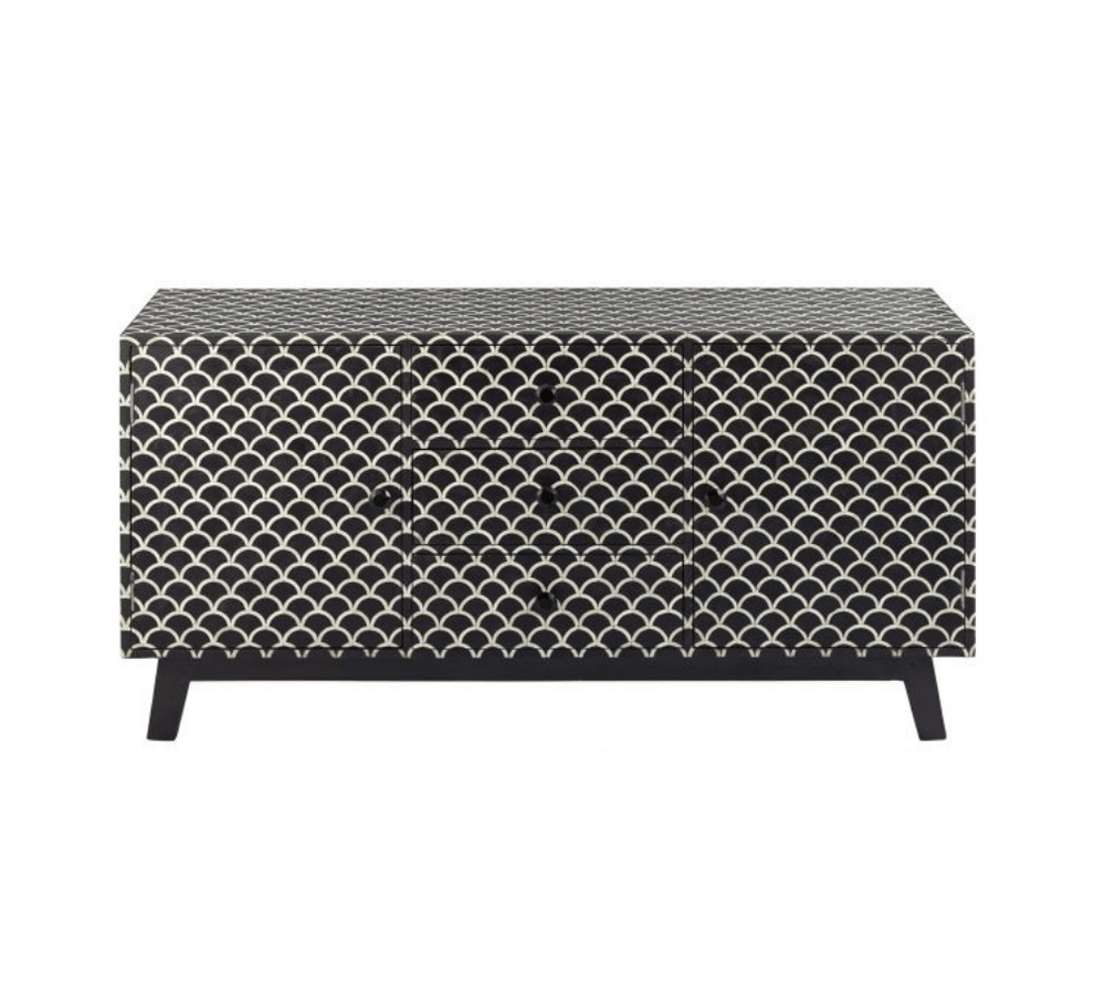 Scalloped Black Bone Inlay Credenza: Three Drawers, Two Doors, Stateme ...