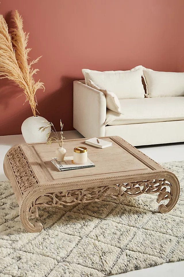 Artisanal Hand-Carved Wooden Center Coffee Table – Ethnic Style – Bone ...