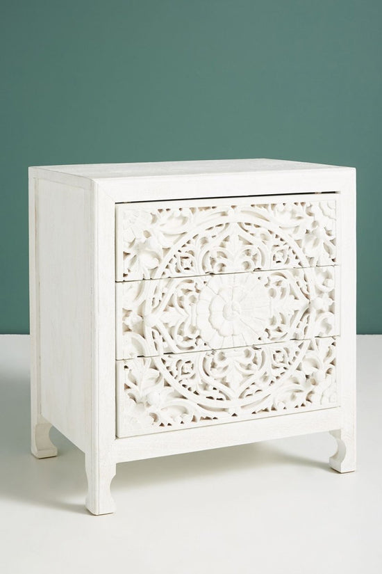 Hand-Carved Lombok Three-Drawer Nightstand – Bone Inlay Furnitures