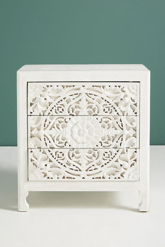 Hand-Carved Lombok Three-Drawer Nightstand – Bone Inlay Furnitures