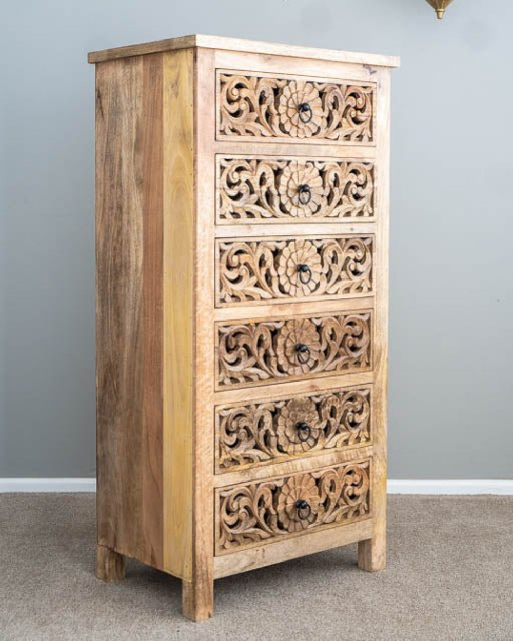 Handmade Hand Carved Indian Flower Dresser | Tallboy Chest of Six Draw ...