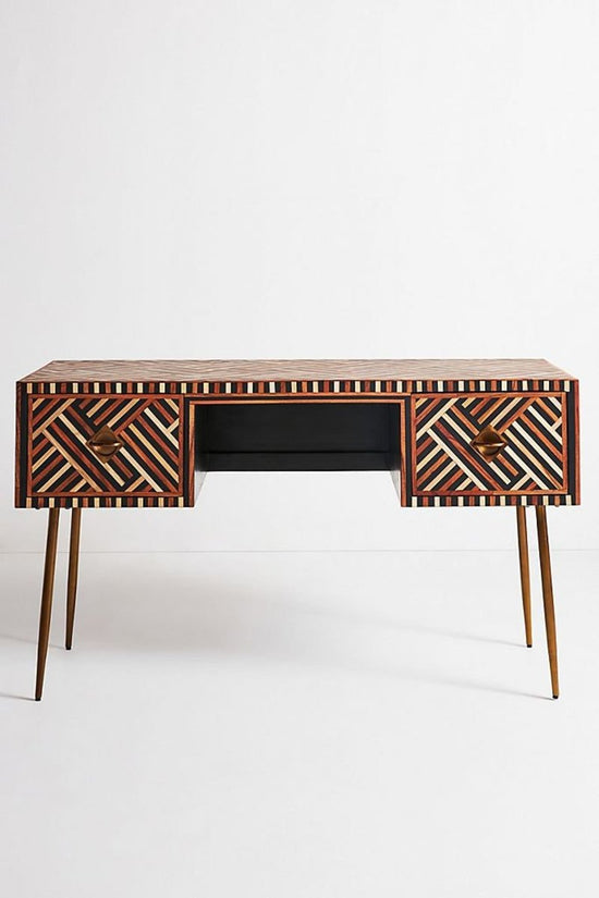 "Optical Inlay Work Desk | Brown Laptop Desk with Drawers" – Bone Inlay ...