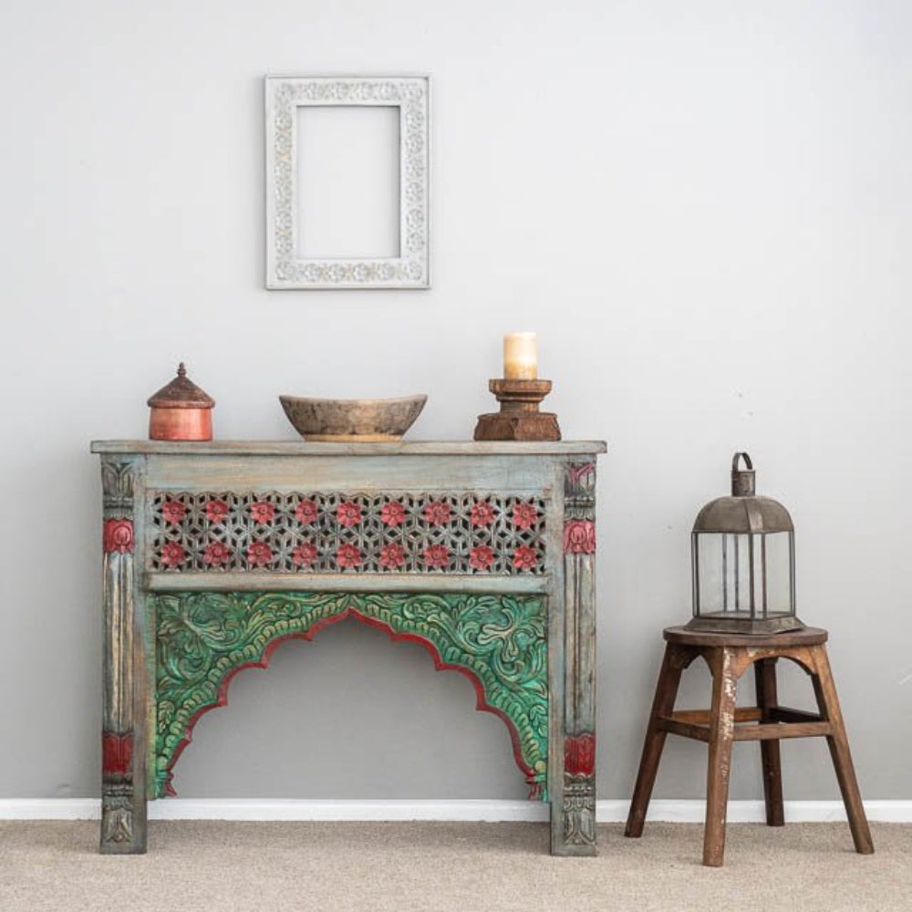 Vibrant Distressed Teal & Red Hallway Console Table – Bone Inlay Furnitures